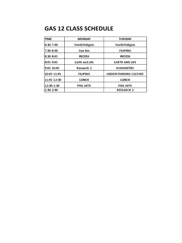 Gas 12 Class Schedule: Time Monday Tuesday | PDF