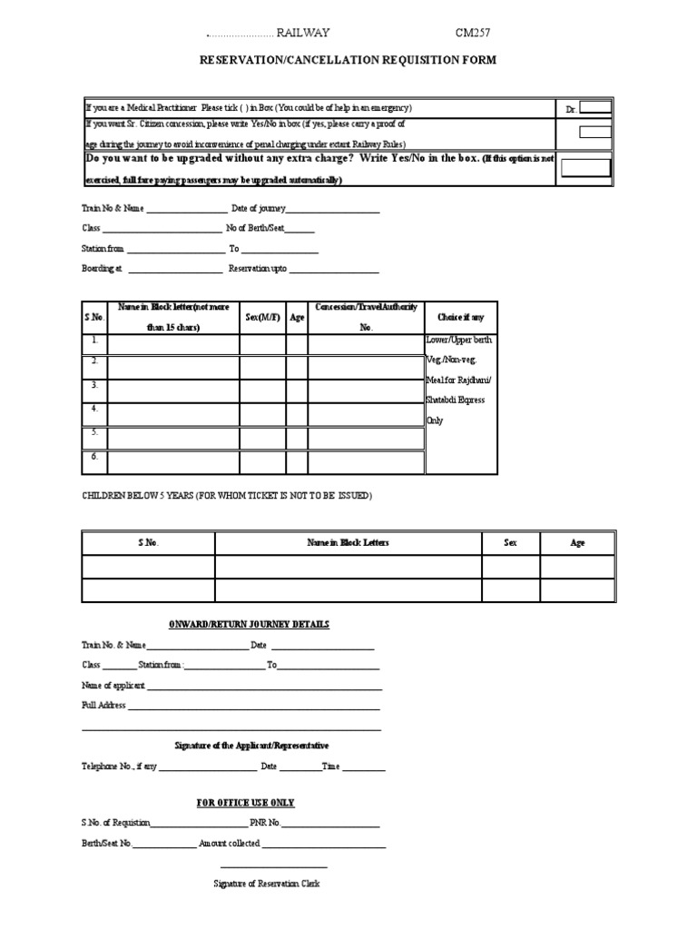 RAILWAY CM257 Reservation/Cancellation Requisition Form | PDF | P