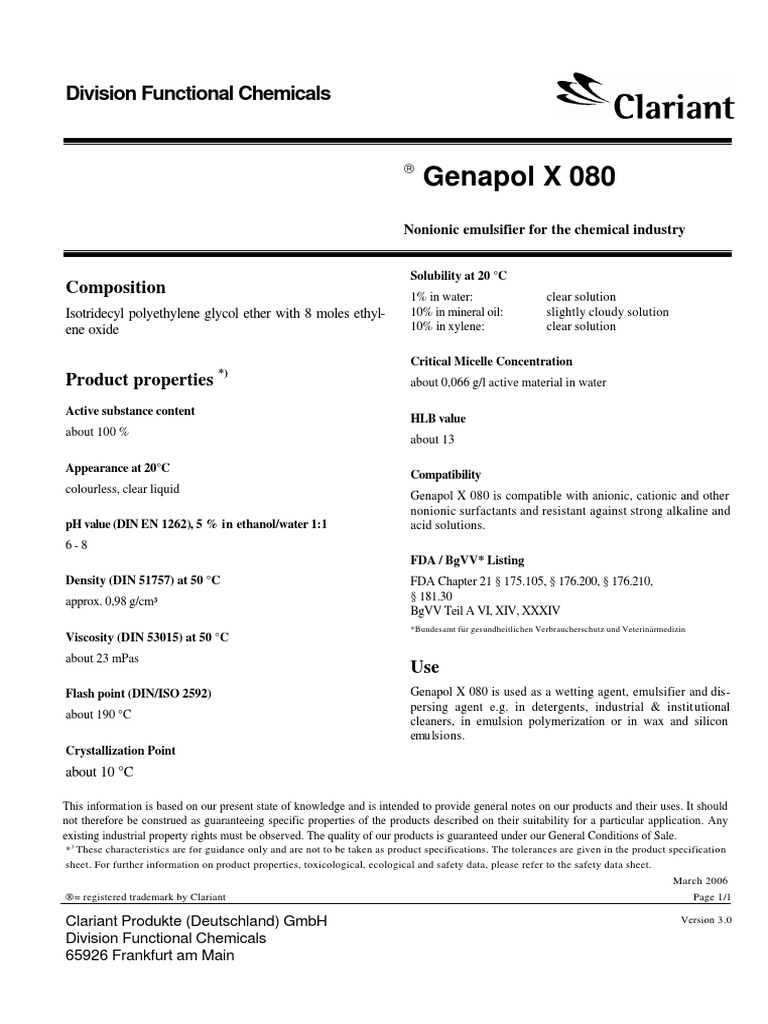 Genapol X 080 20150608 | PDF | Surfactant | Emulsion