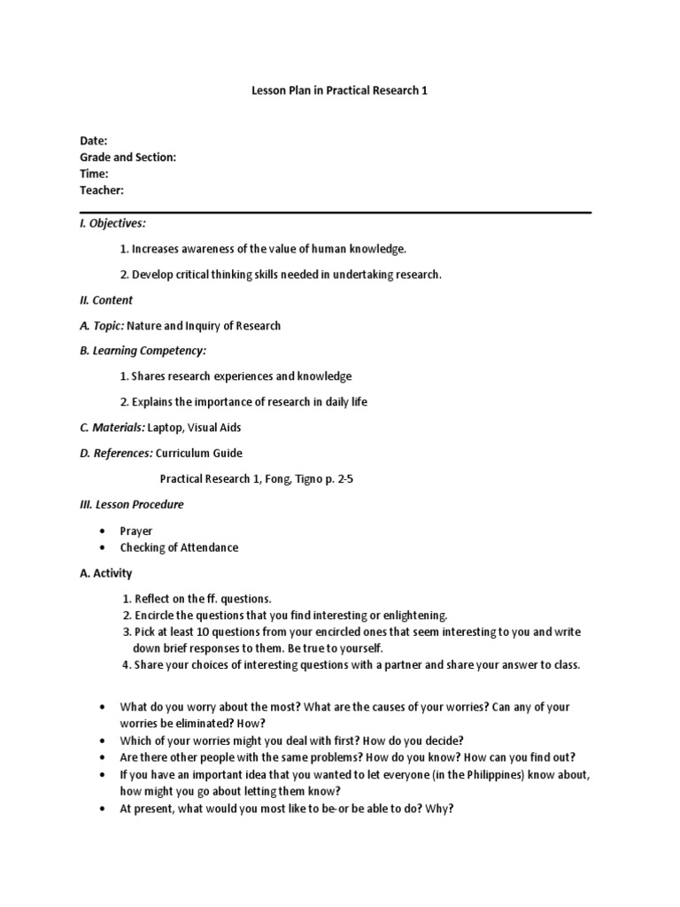Lesson Plan in Practical Research 1 | PDF | Lesson Plan | Education Theory