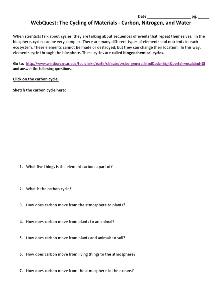 Webquest - The Cycling of Materials Carbon Nitrogen and Water | PDF ...