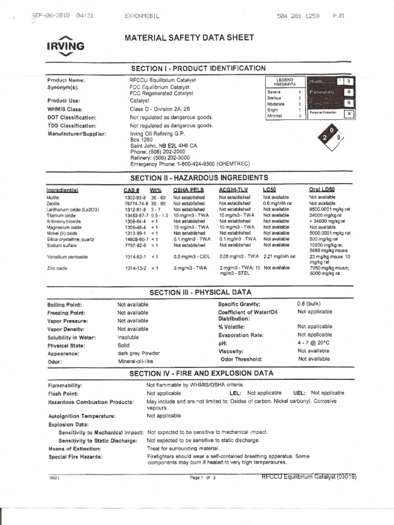 ExxonMobil Chalmette Refining LLC MSDS RFCCU Equilibrium Catalyst | PDF