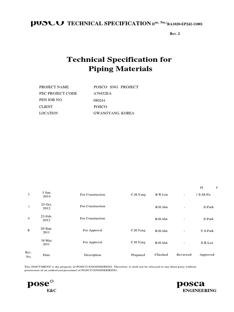POSCO SNG Project Piping Specification | PDF | Pipe (Fluid Conveyance ...