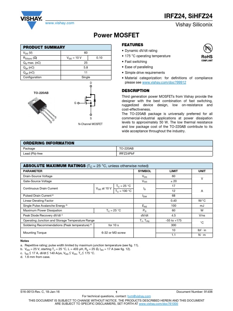 Irfz24, Sihfz24: Vishay Siliconix | Download Free PDF | Diode | Field ...