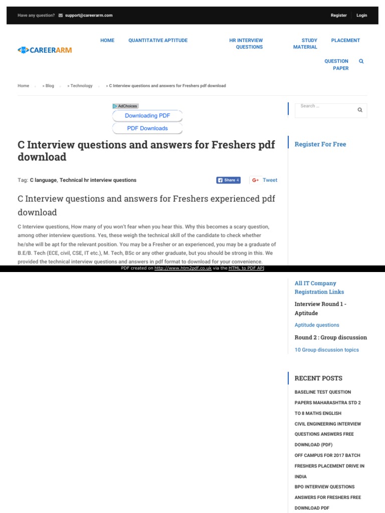 C Interview Questions And Answers For Freshers Pdf Download Pdf Pointer Computer 