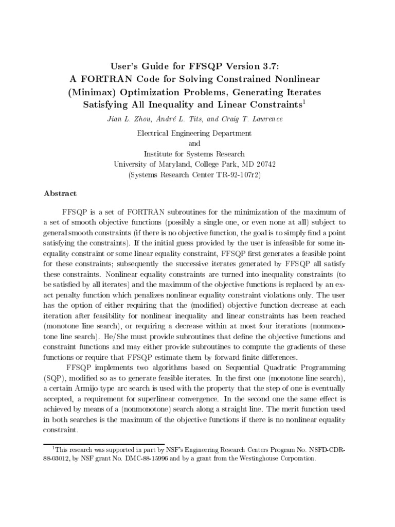 FFSQP Manual PDF | PDF | Mathematical Optimization | Parameter (Computer Programming)