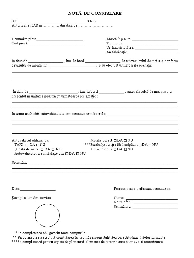 Nota Constatare Service Auto