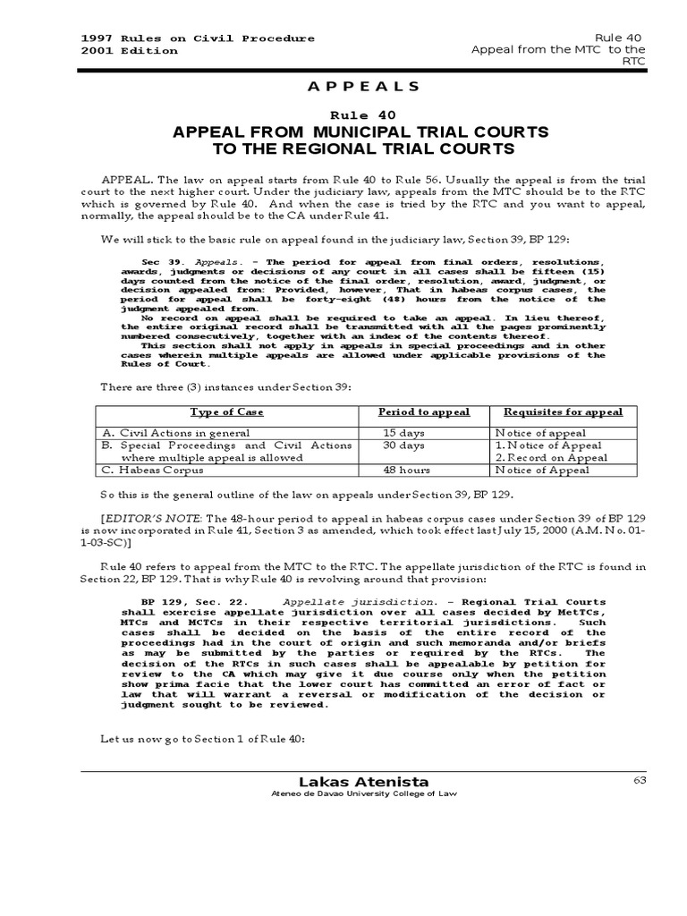 Rule 40: MTC to RTC Appeals Guide | PDF | Appeal | Judgment (Law)