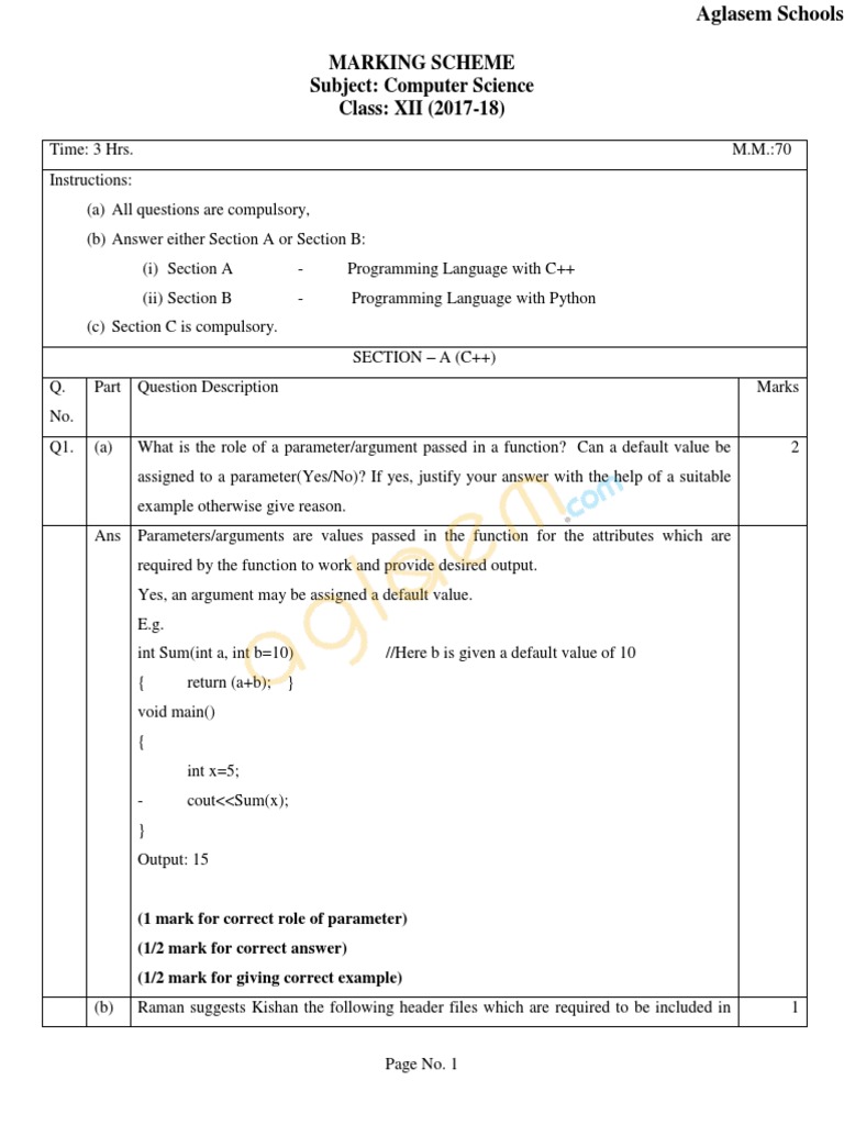 CBSE Class 12 Sample Paper Marking Scheme 2018 - ComputerScience | PDF | Parameter (Computer ...