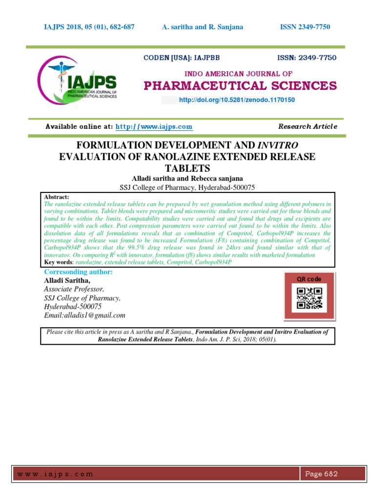 Formulation Development And Invitro Evaluation Of Ranolazine Extended Release Tablets Pdf