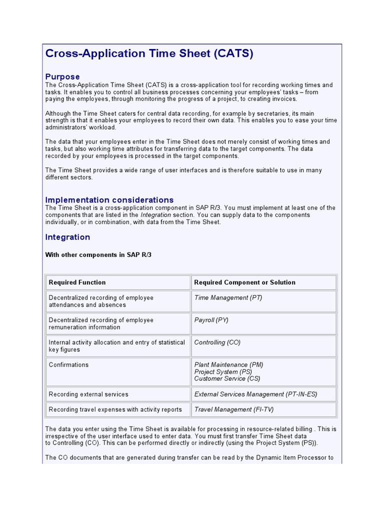 Cross-Application Time Sheet (CATS) : Purpose | PDF | Working Time | Laptop