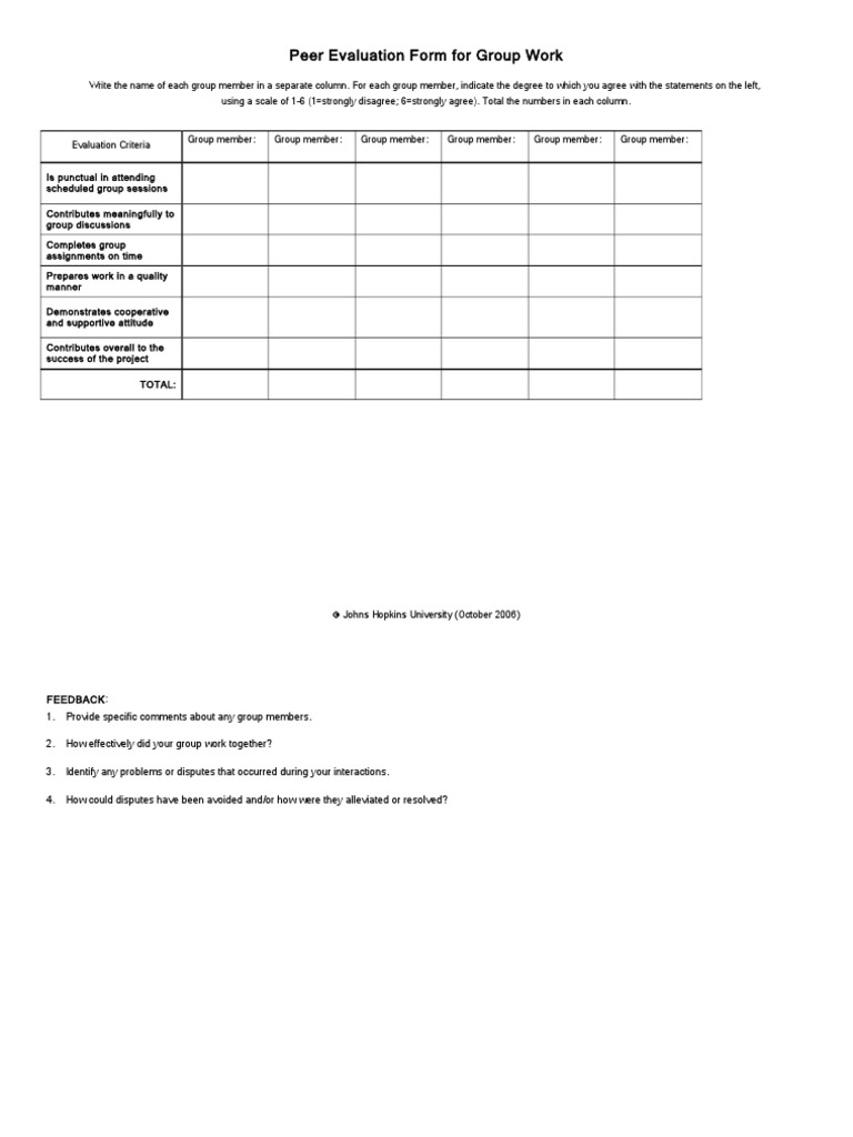 Peer Evaluation Form For Group Work | PDF