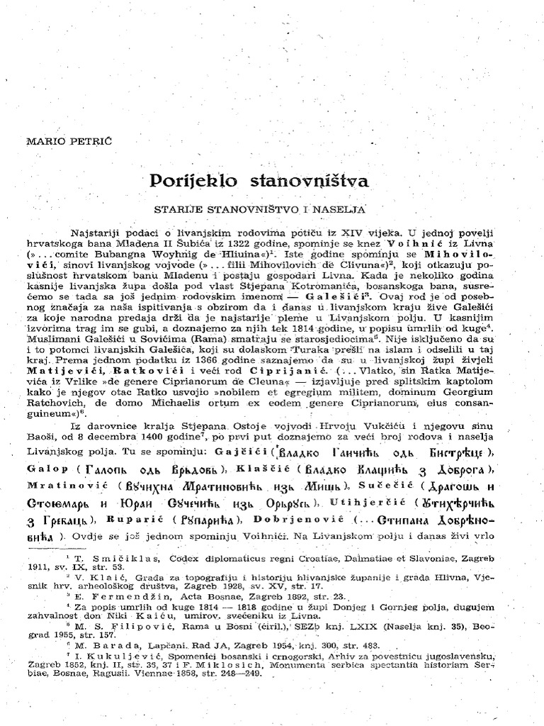 Mario Petric Porijeklo Stanovnistva Livanjskog Polja PDF | PDF