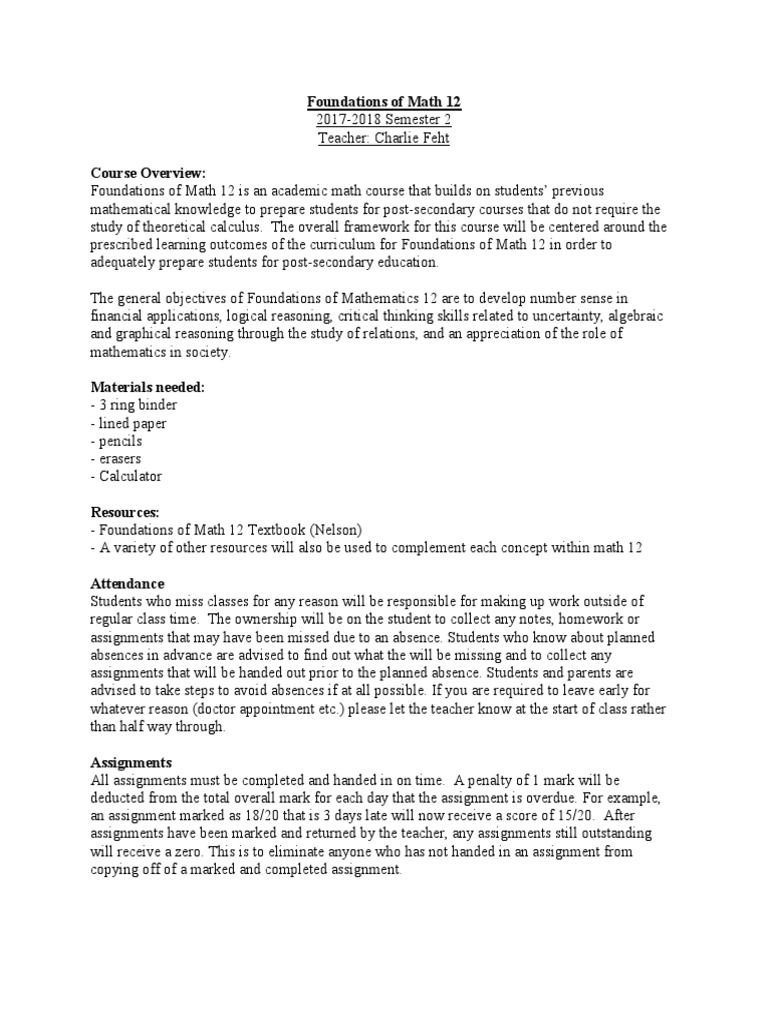 Foundations of Math 12 Course Outline | PDF | Homework | Quality Of Life