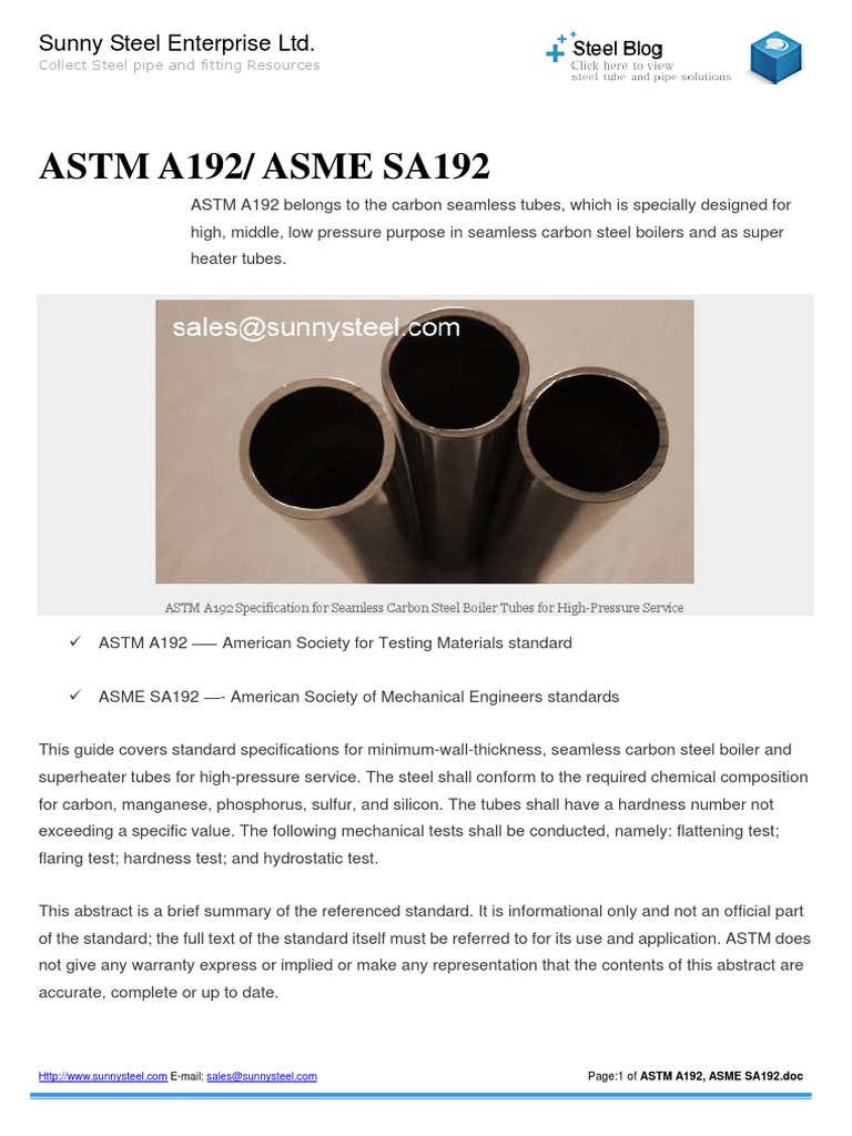 Astm A192 Asme Sa192 PDF | PDF | Pipe (Fluid Conveyance) | Steel