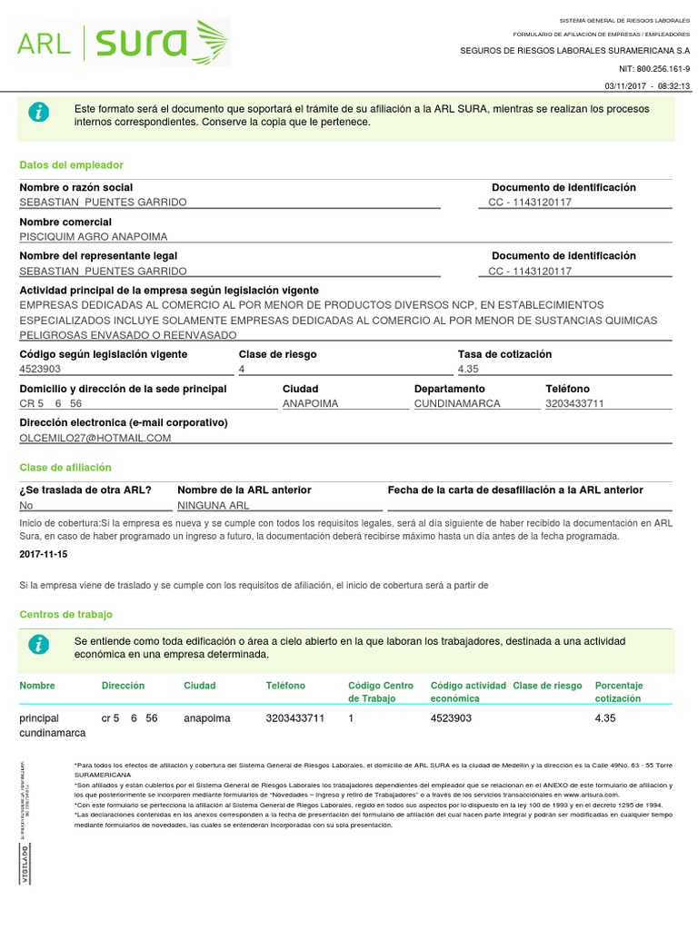 Formulario Afiliacion Arl Sura | PDF | Derecho laboral | Seguro