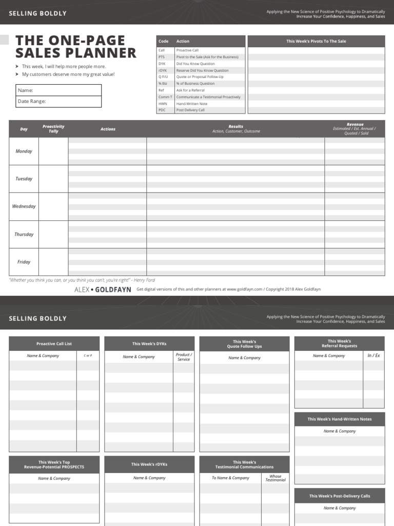One Page Sales Planner Alex Goldfayn | PDF | Business | Business (General)