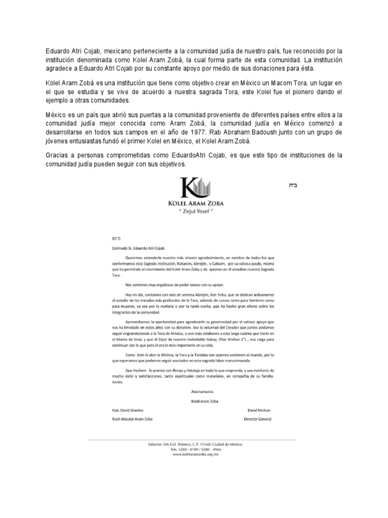 Reconocimiento de Kolel Aram Zobá para Eduardo Atri Cojab | PDF