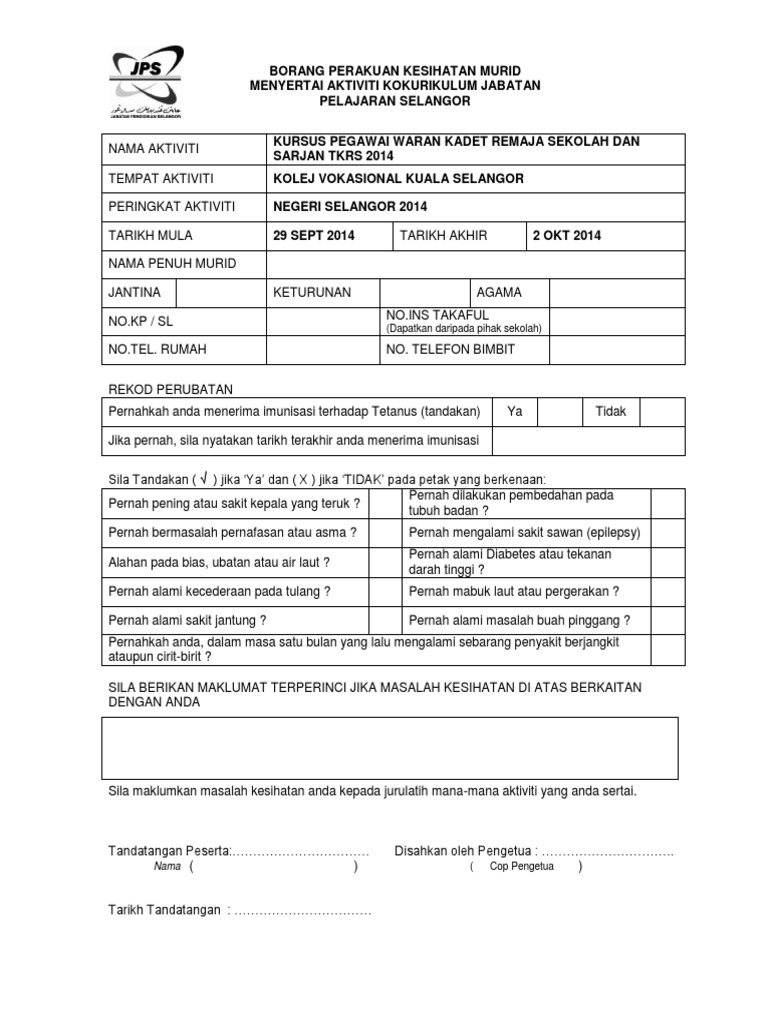 Borang Akuan Kesihatan JPN Selangor | PDF