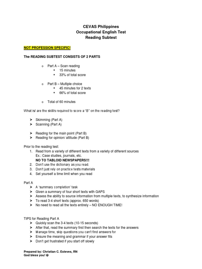 CEVAS Philippines Occupational English Test Reading Subtest | PDF ...