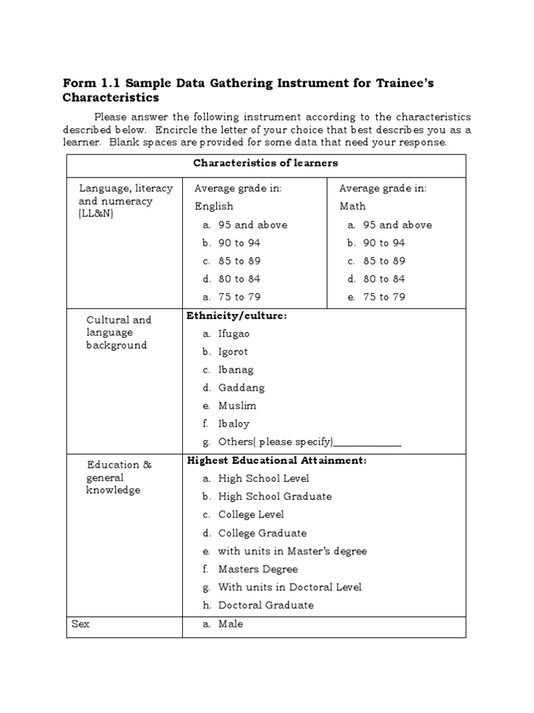 Form 1.1 Sample Data Gathering Instrument For Trainee | PDF | Learning ...