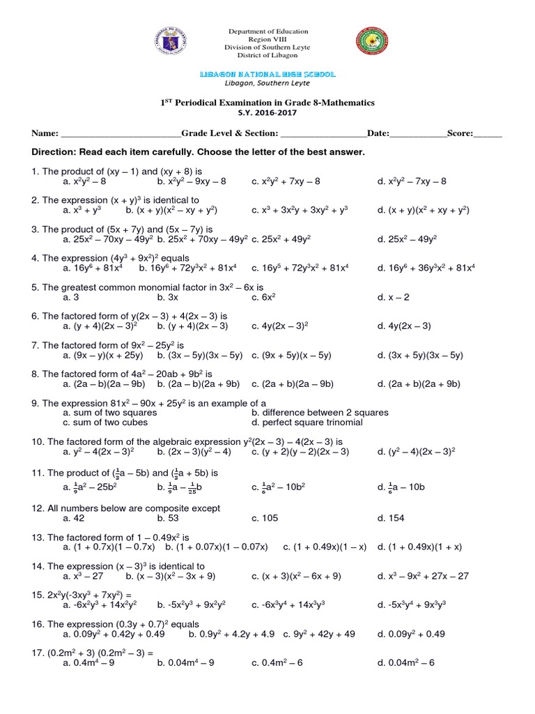 1st Quarter Exam-Math 8 (2016-2017) | PDF | Mathematical Objects ...