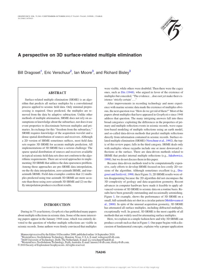 A Perspective On 3D Surface-Related Multiple Elimination: Bill Dragoset ...