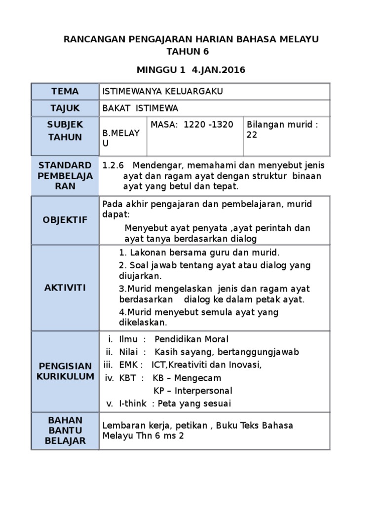 RPH BM Tahun 6 M1 | PDF