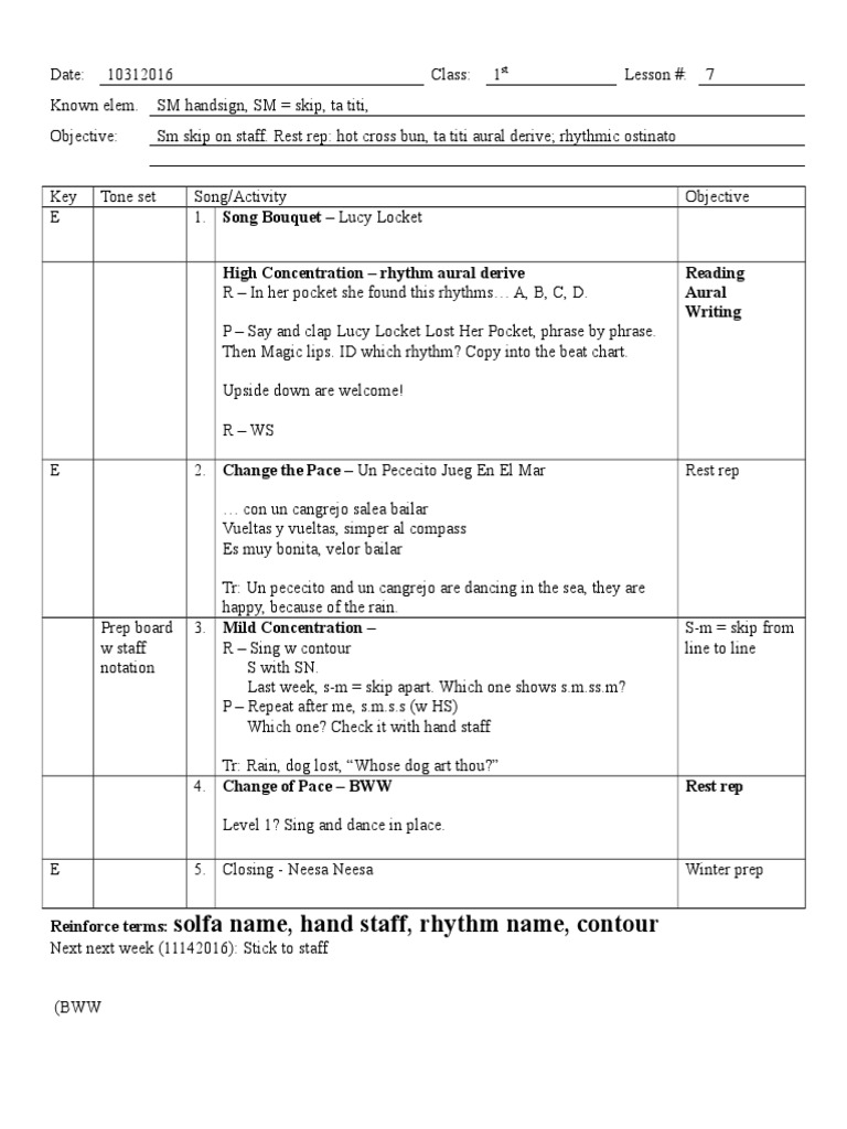 Kodály Method Lesson Plan for 1st Grade | PDF | Musical Forms | Rhythm ...