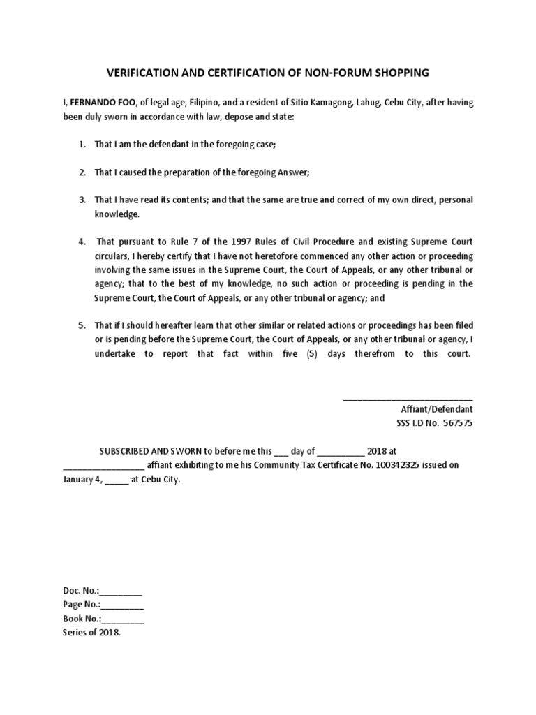 Verification and Certification of Non-Forum Shopping | PDF