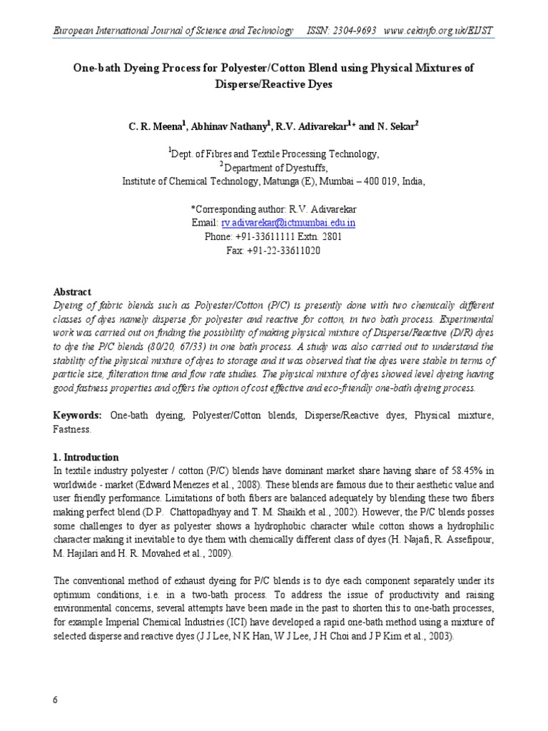 One-Bath Dyeing Process For Polyester Cotton Blend Using Physical ...