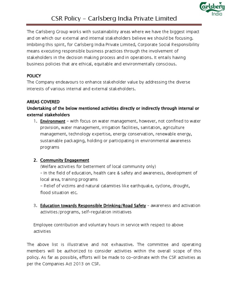 CSR Policy - Carlsberg India Private Limited | PDF | Corporate Social ...