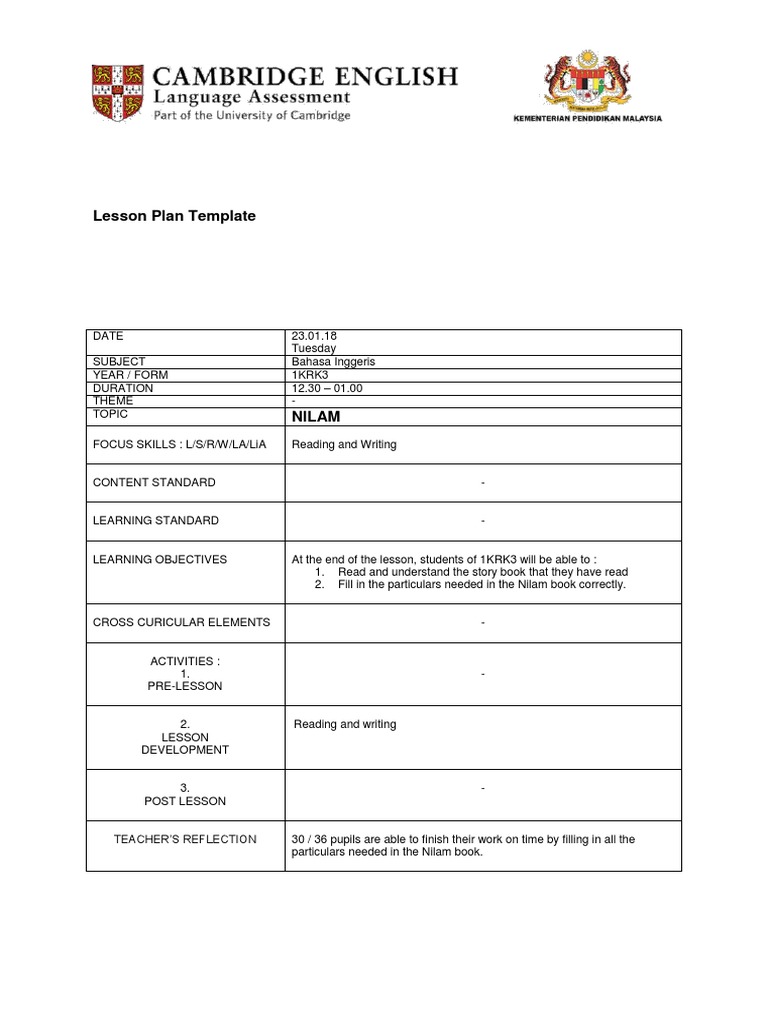 Nilam Lesson Plan for English Class | PDF