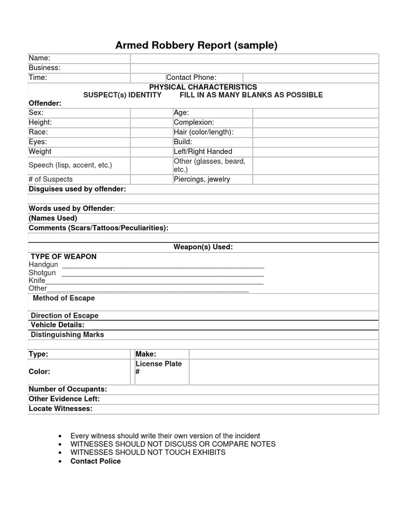 Armed Robbery Report (Sample) : Suspect (S) Identity Fill in As Many ...