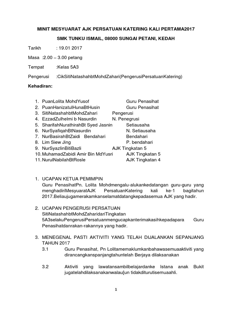 Minit Mesyuarat Ajk Persatuan Katering Kali Ke 2 | PDF
