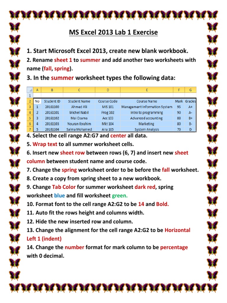 Ms Excel 2013 Lab 1 Exercise Worksheet Microsoft Excel 