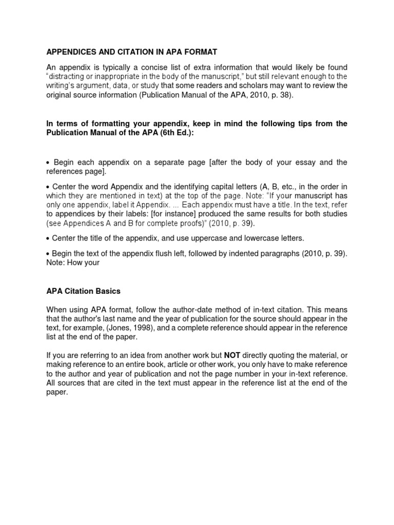 Appendices and Citation in Apa Format | PDF | Citation | Apa Style