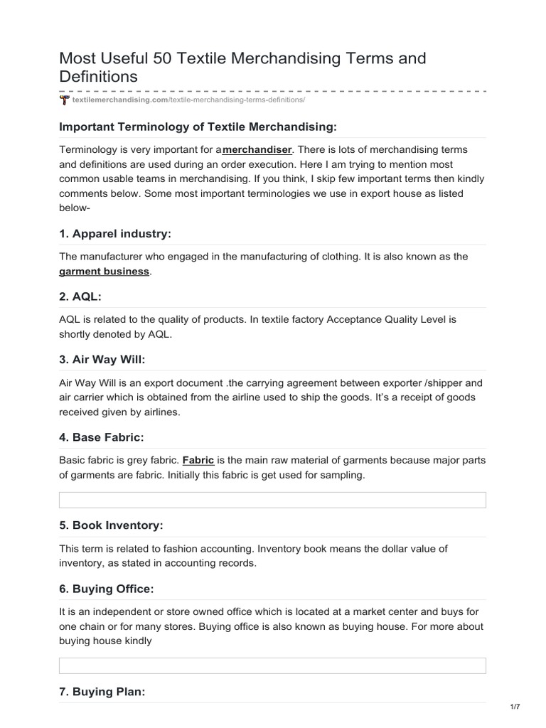 Most Useful 50 Textile Merchandising Terms and Definitions | PDF ...
