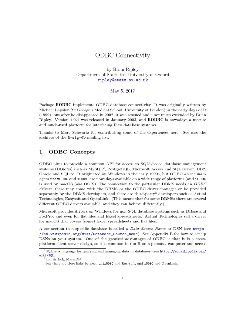 An Introduction to Accessing Databases Using RODBC: Concepts, Functions ...