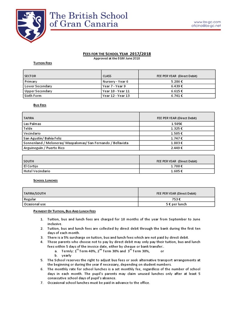 Fee Sheet 2017-2018-En | PDF | Fee | Tuition Payments