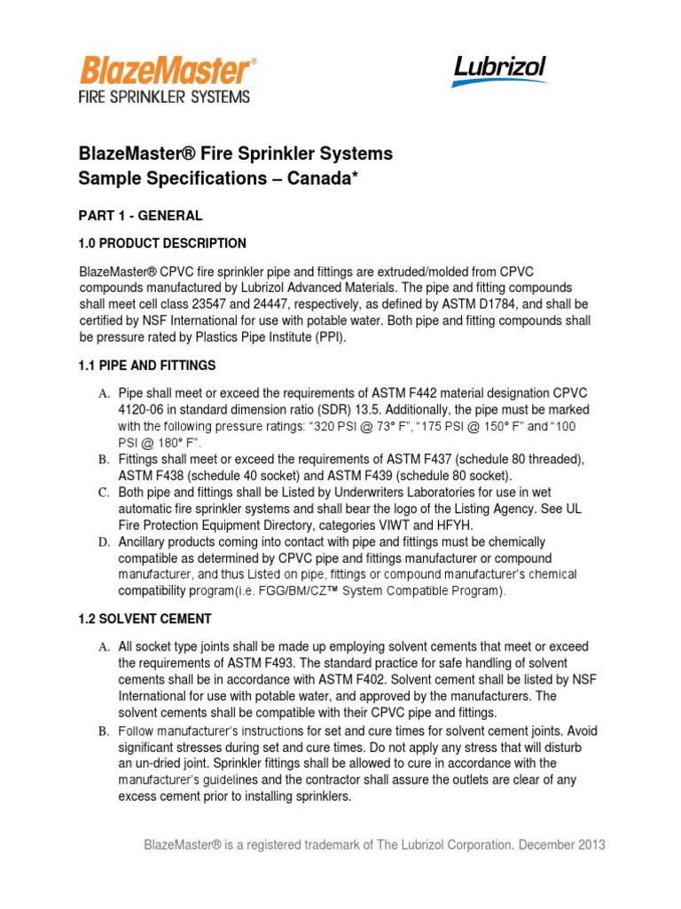 BlazeMaster Sample Specification - Canada | PDF | Polyvinyl Chloride ...