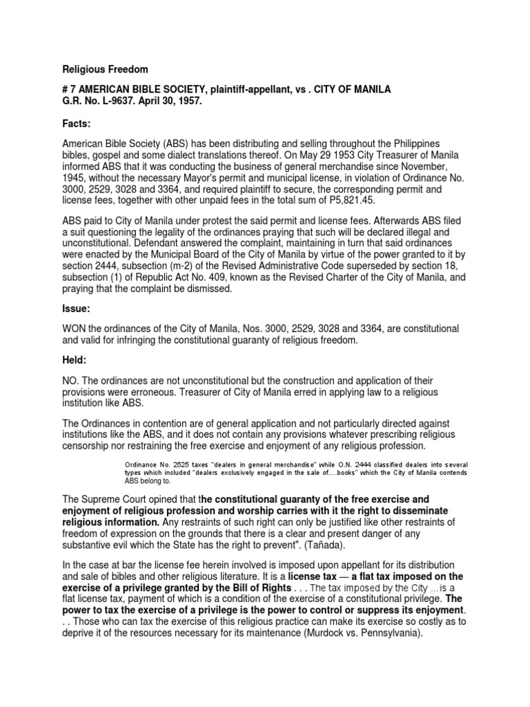 American Bible Society Vs City Of Manila Pdf Free Exercise Clause