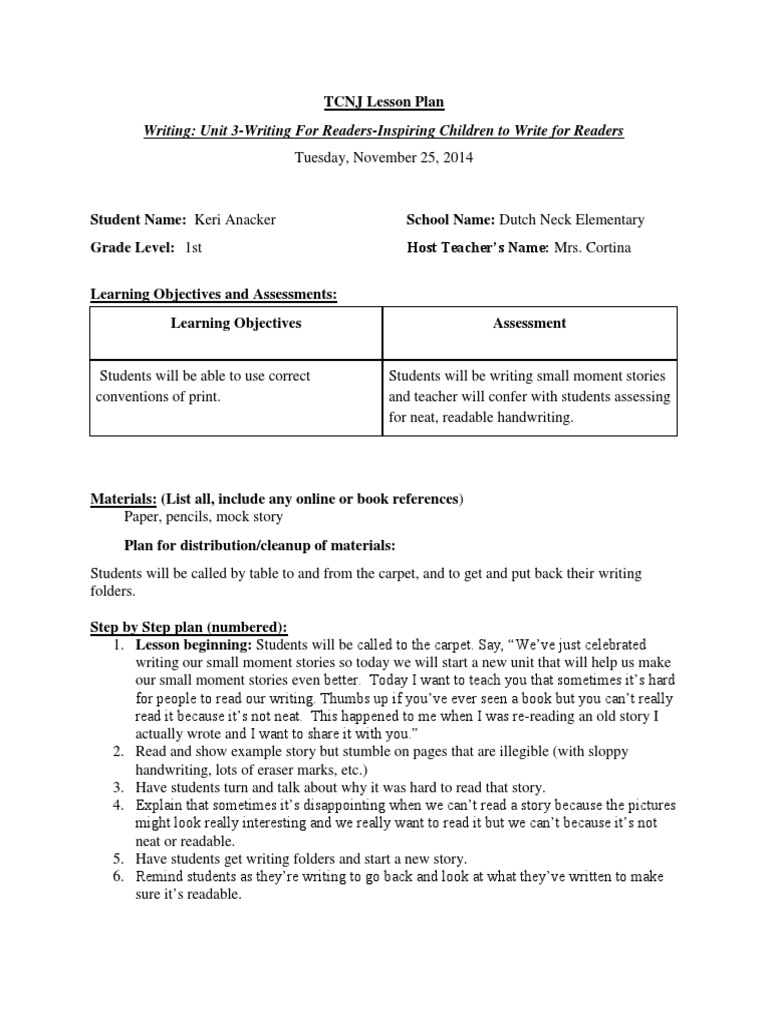 First Grade Writing Lesson Plan | PDF | Lesson Plan | Cognition