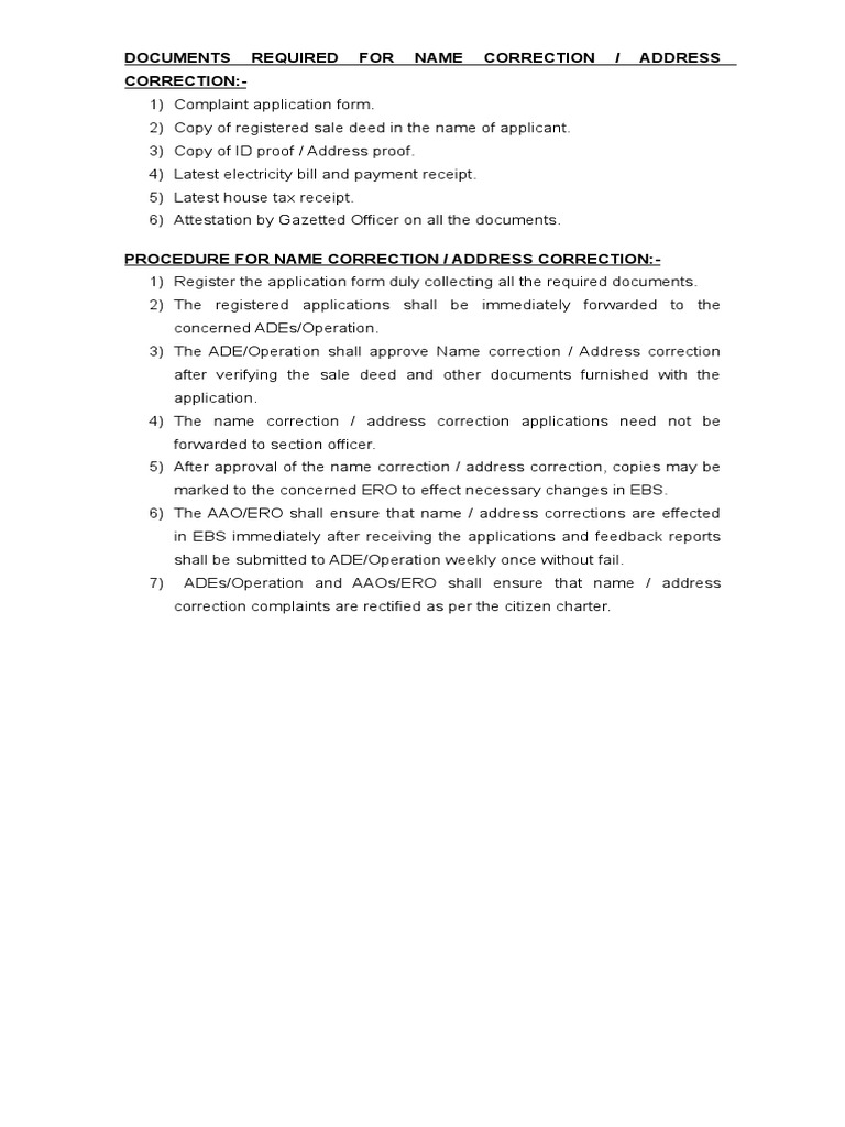 Documents Required For Name Correction / Address Correction | PDF