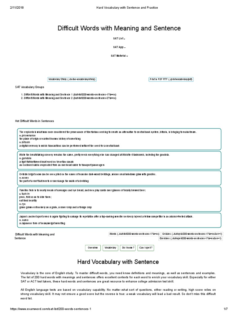 Hard Vocabulary With Sentence and Practice | PDF | Sat | Vocabulary