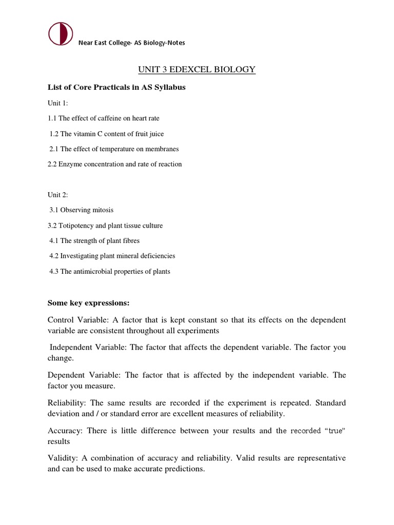 Unit 3 Edexcel Biology | PDF | Experiment | Accuracy And Precision