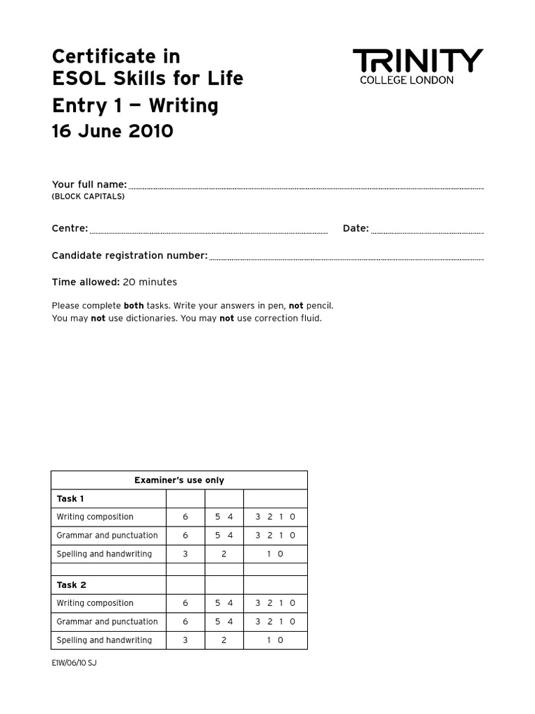 ESOL Entry 1 Writing Exam Paper | PDF