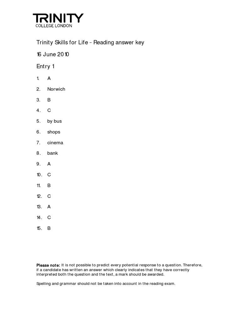 Entry 1 Reading Answer Key 16 June 2010 | PDF