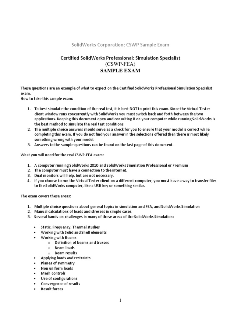 Cswp-fea Sample Exam 2010 | Test (Assessment) | Stress (Mechanics)