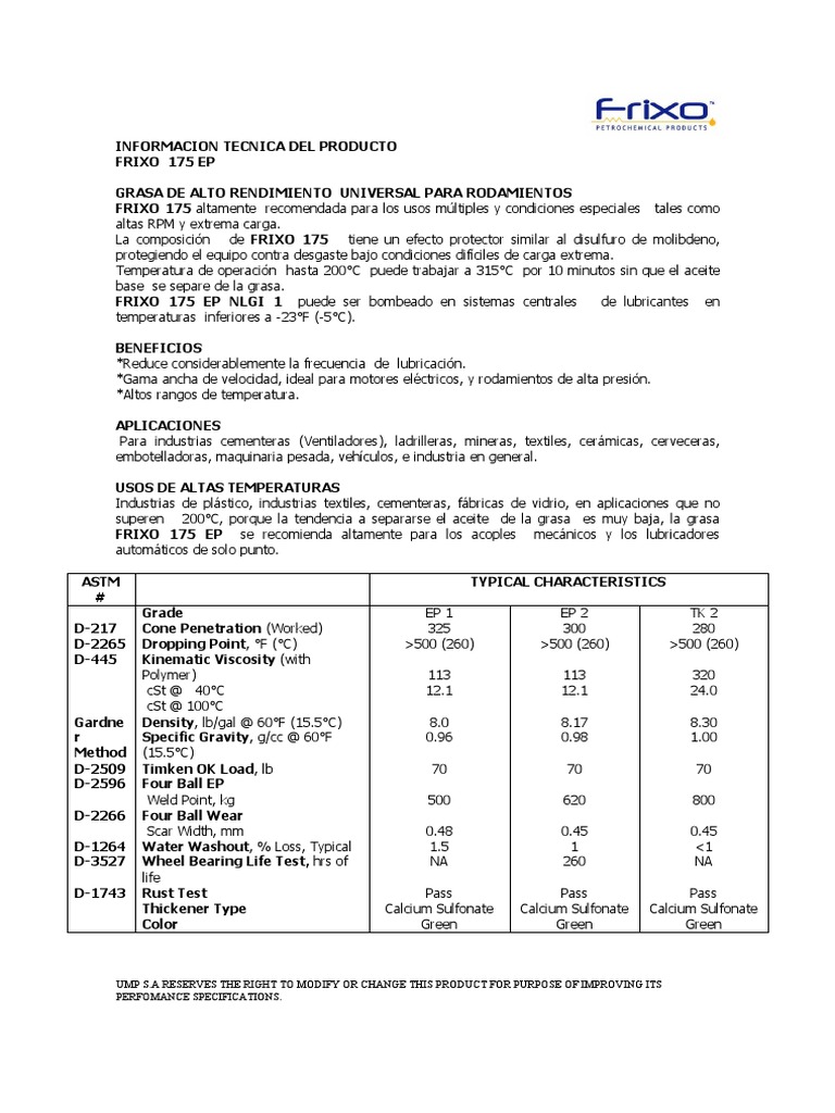 Ficha Tecnica f175 Grasa de Alto Rendimiento | PDF | Ingeniería mecánica | Sustancias químicas